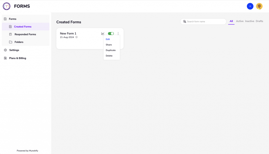 Manage Forms - Munshify